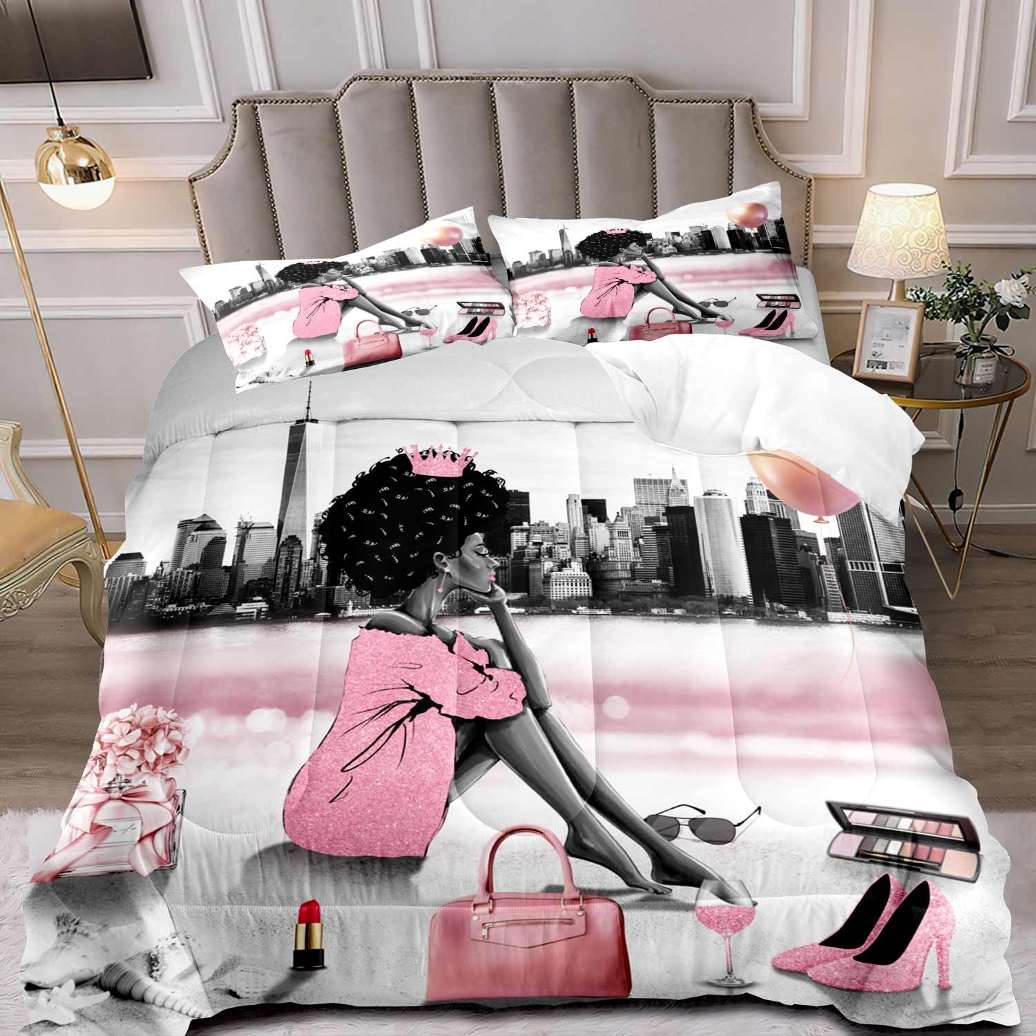 LUVIVIHOME 3PCS African American Black Girl Comforter Set King Size, Pink Bag High Heels Perfume Lipstick Makeup Girly Fashion Black Women Melanin Queen Black Girl Magic Bedding, 2 Pillow Cases