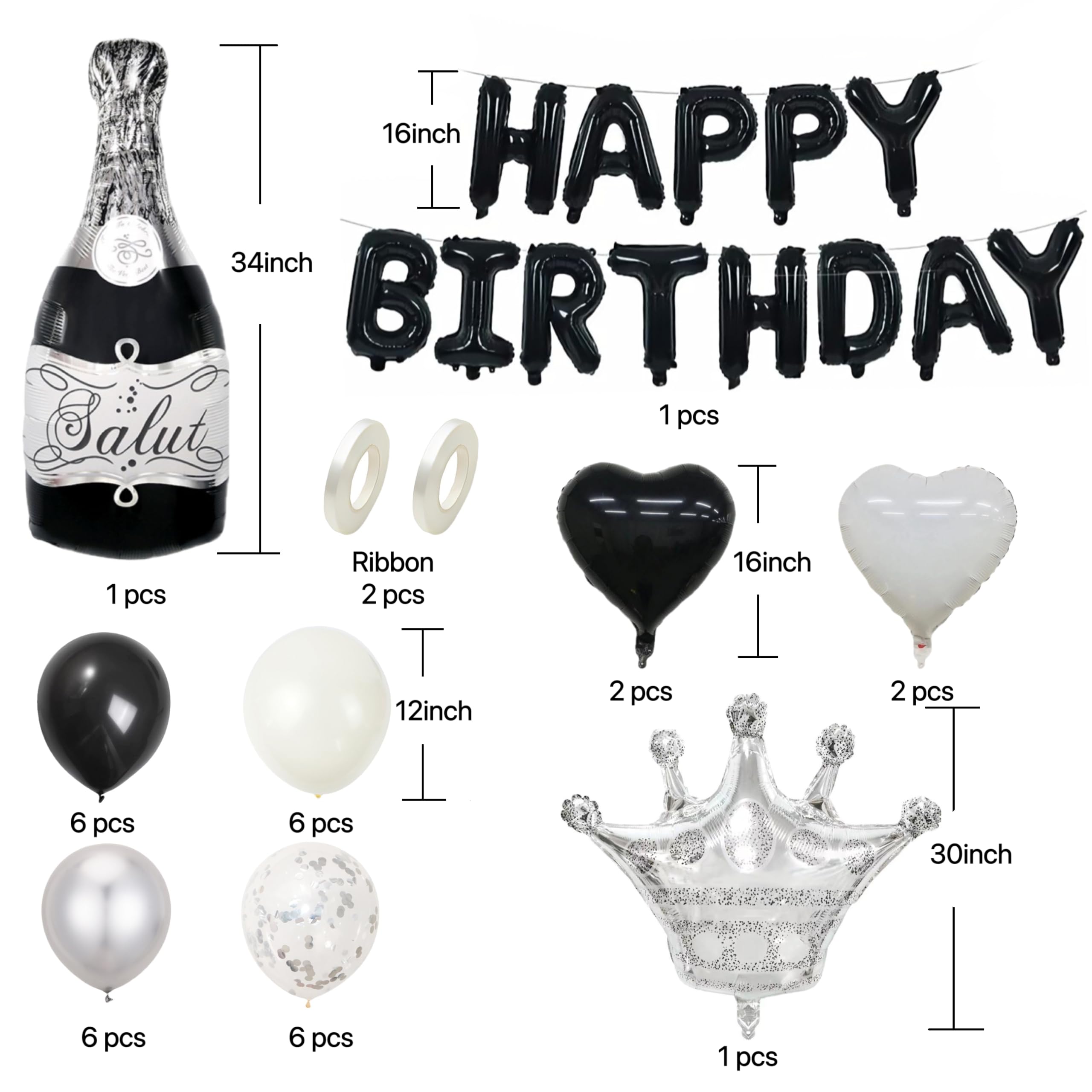 Black Birthday Party Decorations Happy Birthday Balloons Banner with Black and White Balloons Set For Women Men Boy Girls Champagne Birthday Decor