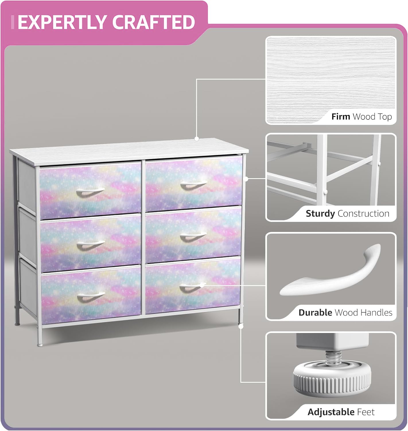 Sorbus Kids Dresser with 6 Drawers - Storage Chest Organizer Nightstand - Steel Frame, Wood Top, Tie-Dye Fabric Bins for Clothes - Wide Furniture for Bedroom, Hallway, Nursery, Closet, & Apartment