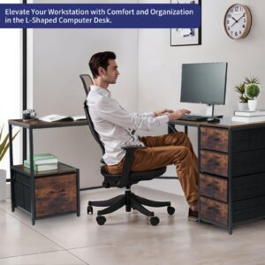 TOPSKY L-Shaped Desk Corner Computer Desk with 18.9" Depth Workstation, Cloth File Cabinet for Letter Size File Folder and 4 Cloth Storage Cabinets (Rustic Brown, 59 * 59 inch)