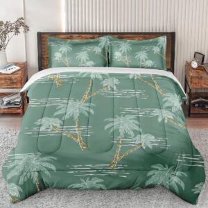 pinbeam comforter set queen size, palm tree ocean retro soft bedding set for kids and adults bedroom bed decor, green mint plant comforter set with 2 pillowcases