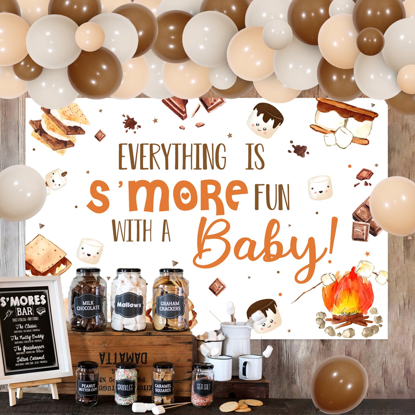 Sursurprise S’Mores Party Decorations, S’Mores Baby Shower Decor, S’More Baby Shower Backdrop Balloon Garland Arch Kit, Camping Campfire Camper Party Supplies