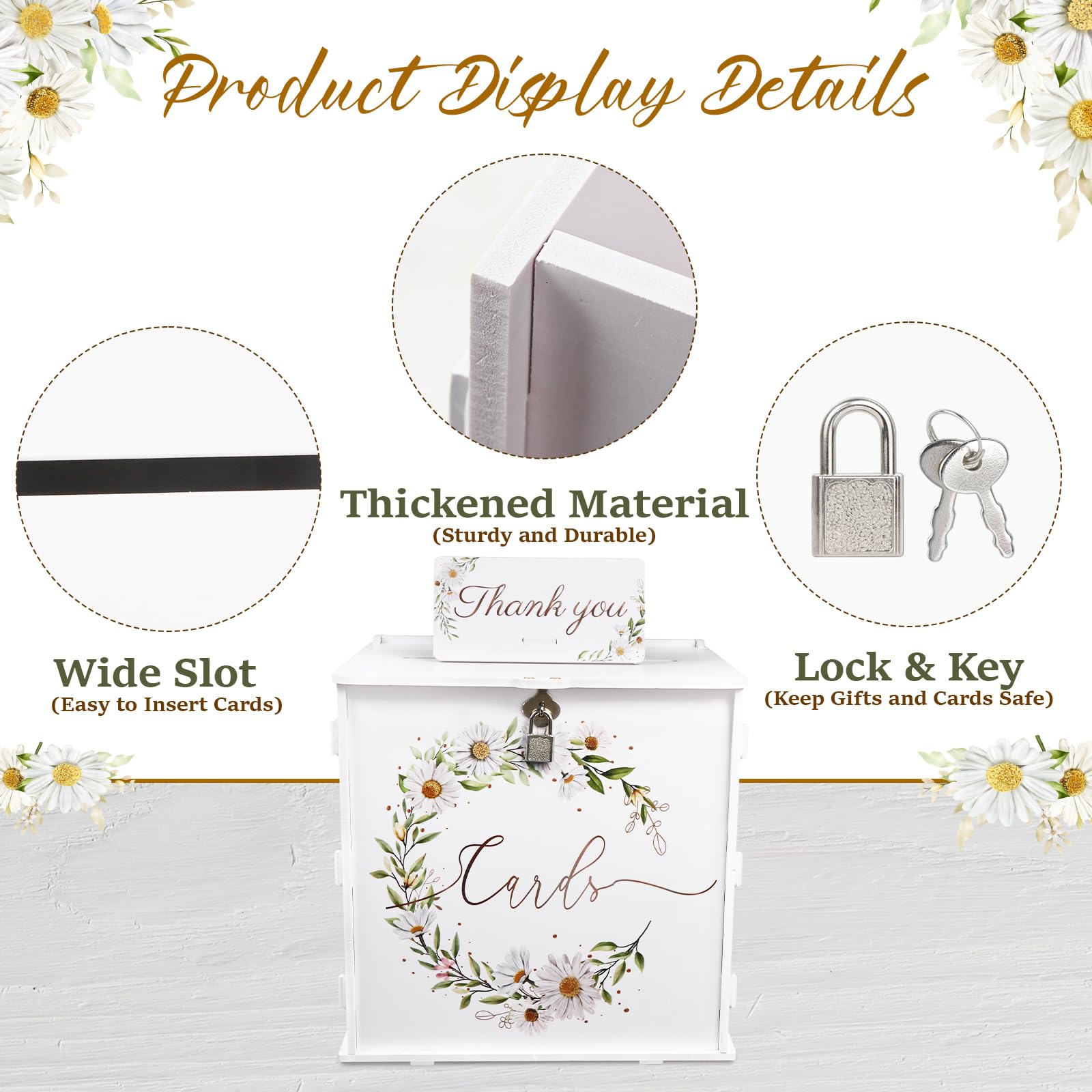 CYAOOI White Wedding Card Box with Lock, PVC Money Envelope Card Box for Wedding Reception, Daisy Pattern Gift Card Box Holder for Graduation Party Birthday Baby Shower Decorations