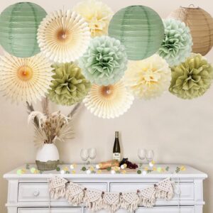 Sage Green Party Decorations Sage Gold Cream Tissue Paper Pom Poms Paper Lanterns Sage Green Confetti Dots Scatter Table Decoration for Baby Shower Birthday Wedding Engagement Party Decorations