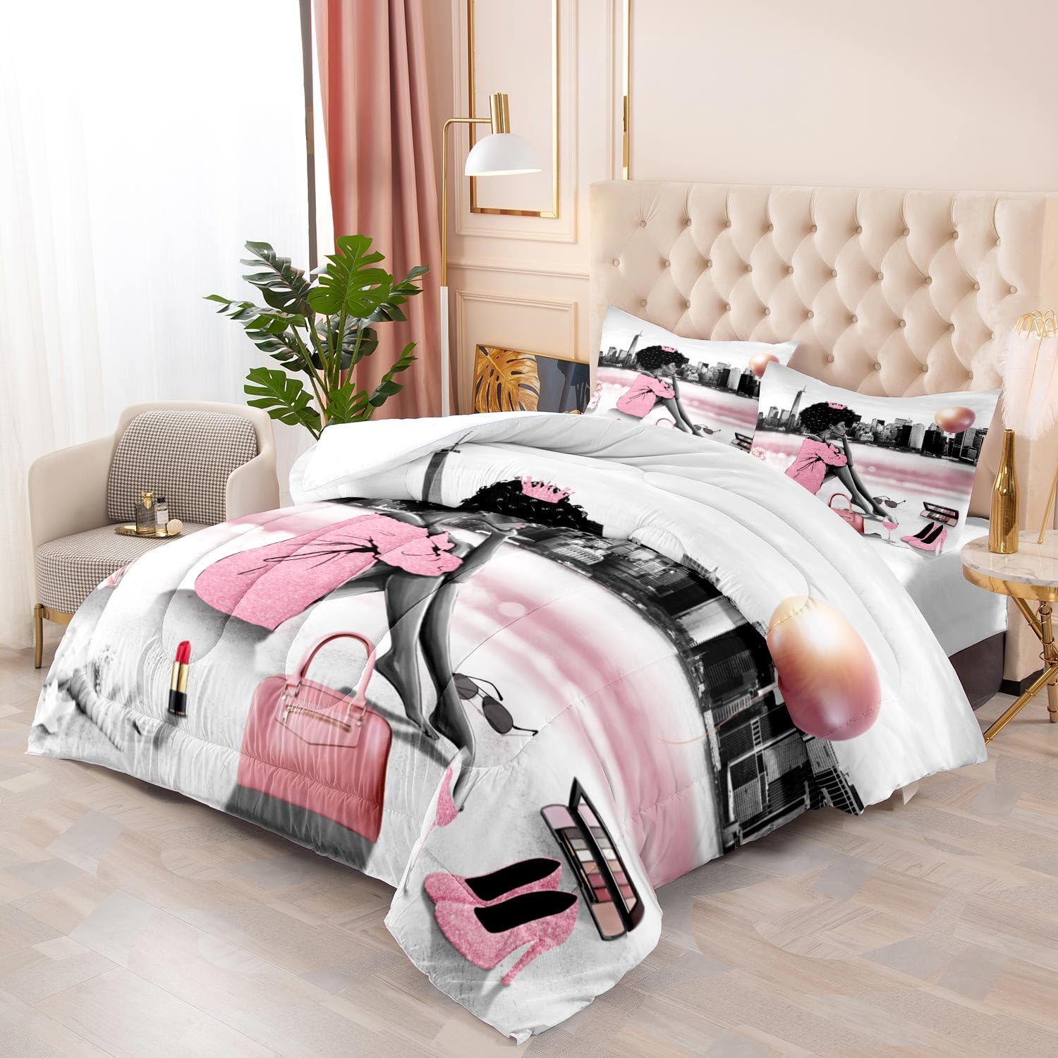 LUVIVIHOME 3PCS African American Black Girl Comforter Set King Size, Pink Bag High Heels Perfume Lipstick Makeup Girly Fashion Black Women Melanin Queen Black Girl Magic Bedding, 2 Pillow Cases