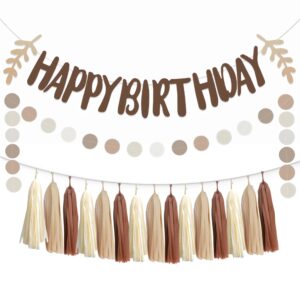 brown tan boho happy bithday sign banner gender neutral beige party tassel garland nude circle dot hanging paper streamers backdrop teddy bear 1st 2nd birthday party nursery décor