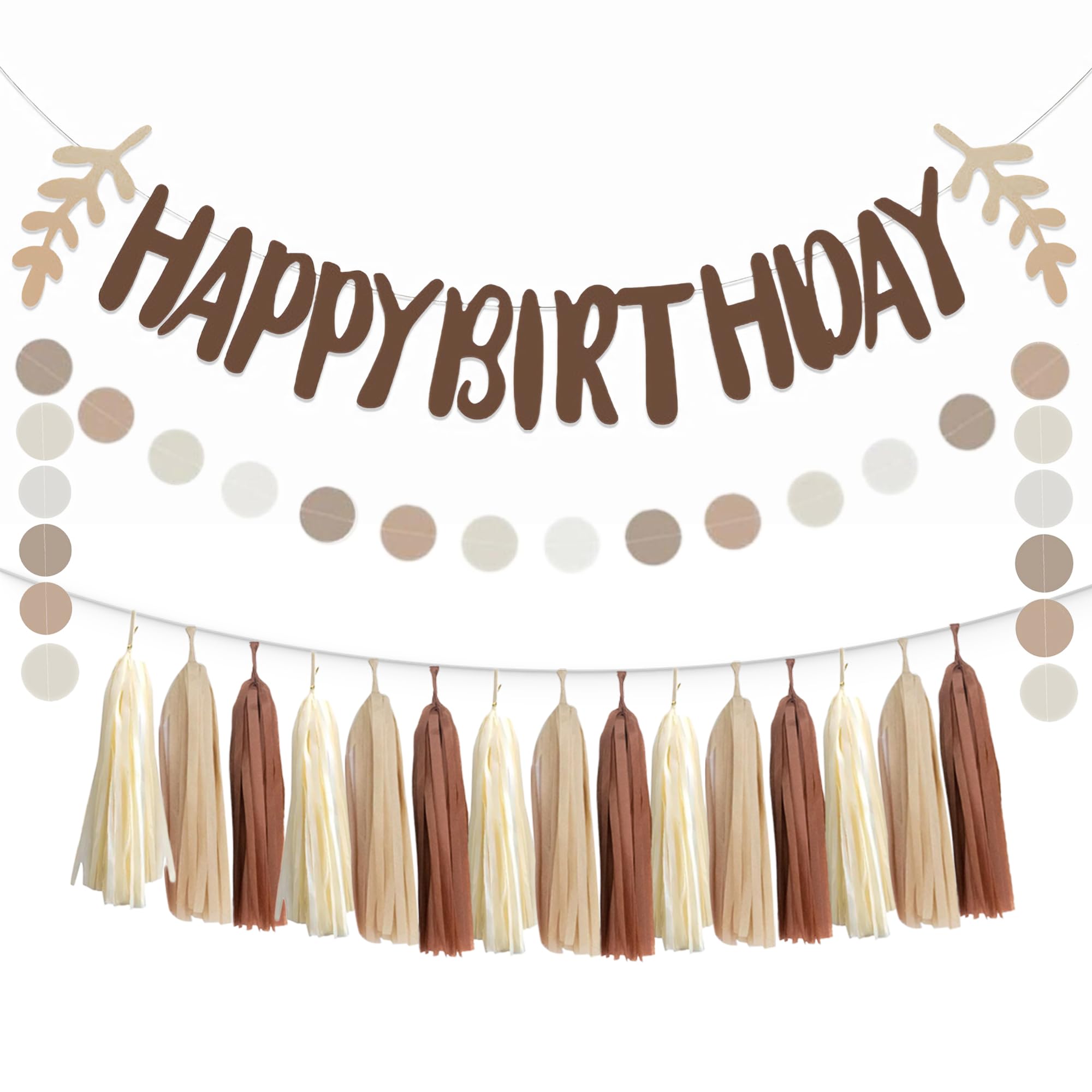 Brown Tan Boho Happy Bithday Sign Banner Gender Neutral Beige Party Tassel Garland Nude Circle Dot Hanging Paper Streamers Backdrop Teddy Bear 1st 2nd Birthday Party Nursery Décor