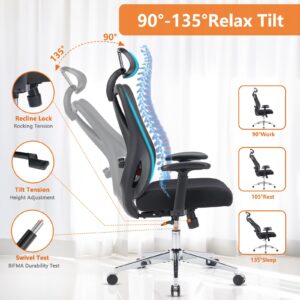 Office Chair, Desk Chair Computer Chair Ergonomic Office Chair with 2D Armrest Adjustable Lumbar Support & Headrest, High Back Home Office Desk Chair 135°Tilt Function Big and Tall Office Chair