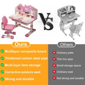 Children Learning Desk and Chair Set Pink Desk Set Height Adjustable with Drawers and Storage Compartments Curved Desktop Cartoon Learning Desks and Chairs Reading/Learning/Writing for Girls (Pink)