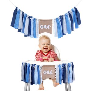 buryeah highchair banner 1st birthday one highchair banner 1st birthday banner for girls boys birthday party supplies birthday party cake smash photo props baby shower garland (blue white)