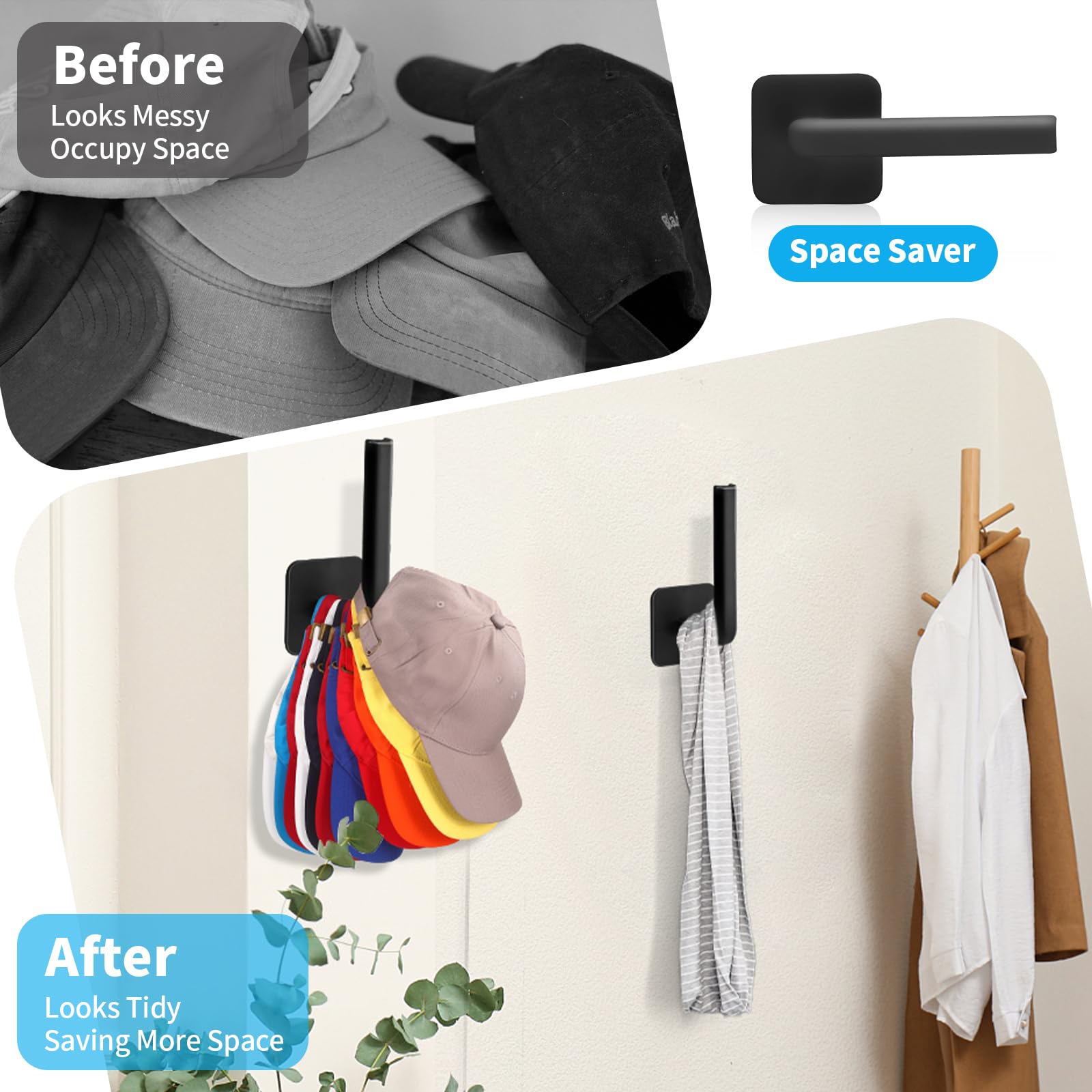 Letohoumia Hat Hooks for Baseball Caps Wall, 5 Pack Adhesive Hat Hooks Hanger Holder, Multi-Purpose Strong Hook Organizer Can Hold More Than 10 Hats for Door/Closet