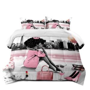 LUVIVIHOME 3PCS African American Black Girl Comforter Set King Size, Pink Bag High Heels Perfume Lipstick Makeup Girly Fashion Black Women Melanin Queen Black Girl Magic Bedding, 2 Pillow Cases