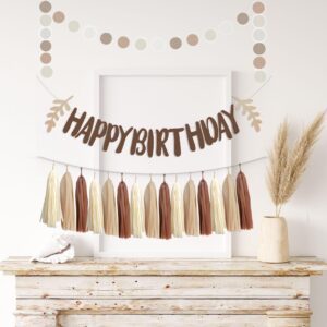 Brown Tan Boho Happy Bithday Sign Banner Gender Neutral Beige Party Tassel Garland Nude Circle Dot Hanging Paper Streamers Backdrop Teddy Bear 1st 2nd Birthday Party Nursery Décor