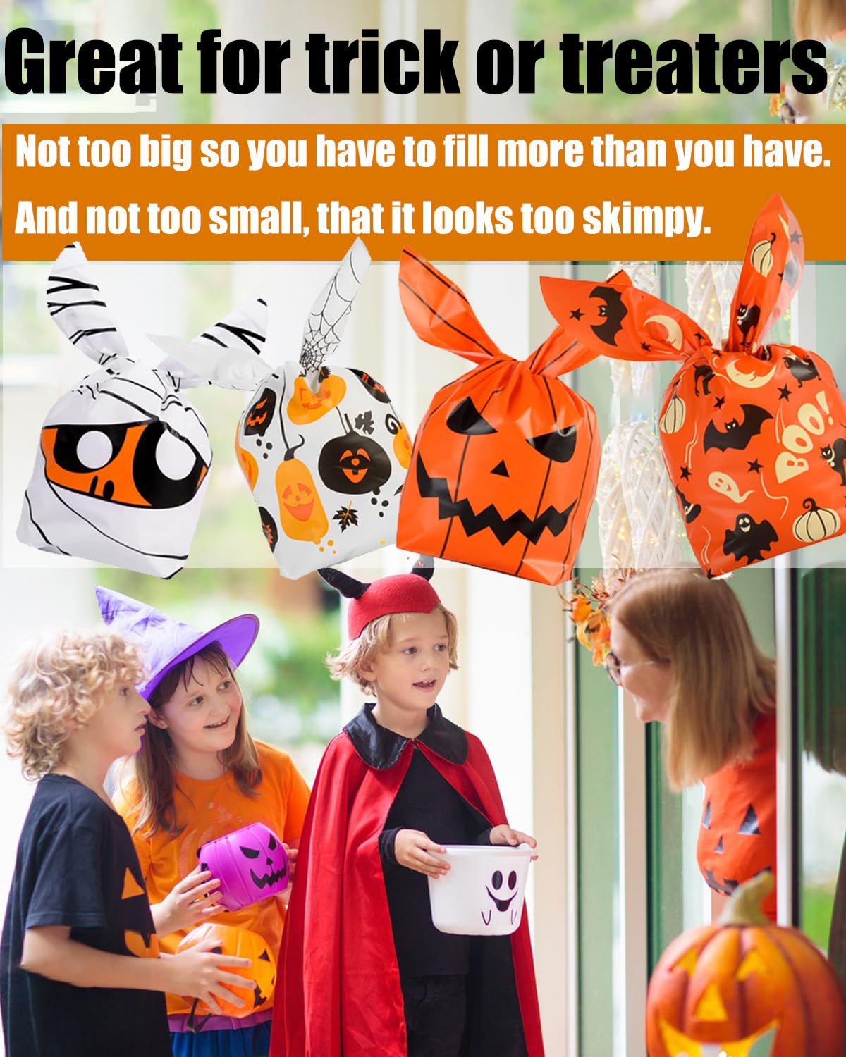 KOCOVIMI 100Pcs Halloween Trick or Treat Bags, 4 Style Patented Appearance Halloween Candy Bags for Kids, Cute Rabbit Ear Halloween Treat Bags Goody Bags Cookie Bags for Halloween Party