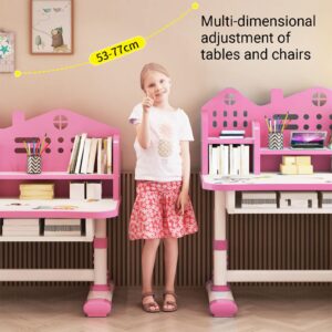 Children Learning Desk and Chair Set Pink Desk Set Height Adjustable with Drawers and Storage Compartments Curved Desktop Cartoon Learning Desks and Chairs Reading/Learning/Writing for Girls (Pink)