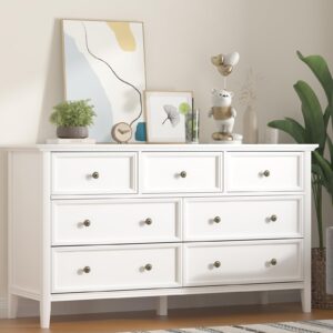 ikeno white 7 drawer dresser for bedroom, modern solid wood large storage cabinet, simple white chest of drawer for bedroom living room hallway entryway (white)