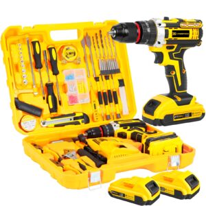 canbrake 21v tool kit with drill, 120pcs 21v cordless drill set with 3/8" keyless chuck of metal & 25+3 clutch with impact, 2 x 2.0ah battery & fast charger, max torque 45nm, 2-variable speed