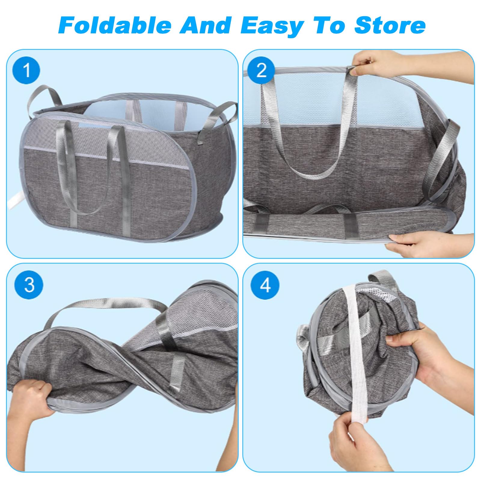 2PCS Collapsible Laundry Baskets, Tear Proof Pop Up Laundry Hamper with Handles, Foldable 65L Large Capacity Dirty Cloths Basket, Lightweight Mesh Clothes Hamper for Home, Laundry Room, Dorm, Travel