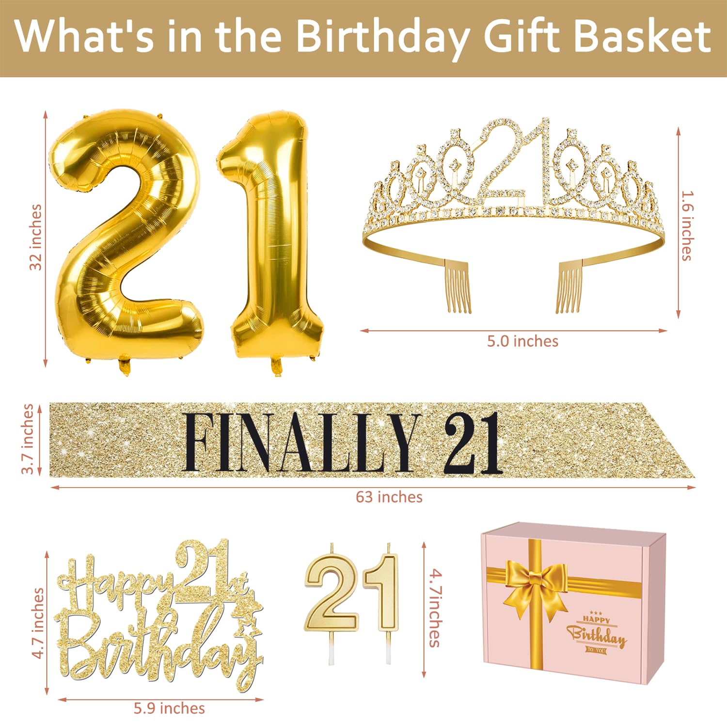 21st Birthday Decorations for Her Include 21st Birthday Tiara and Finally 21 Sash , 21st Birthday Cake Topper and 21 Birthday candles, Gold 21 Balloons, 21st Birthday Gifts for Her Set (Gold)