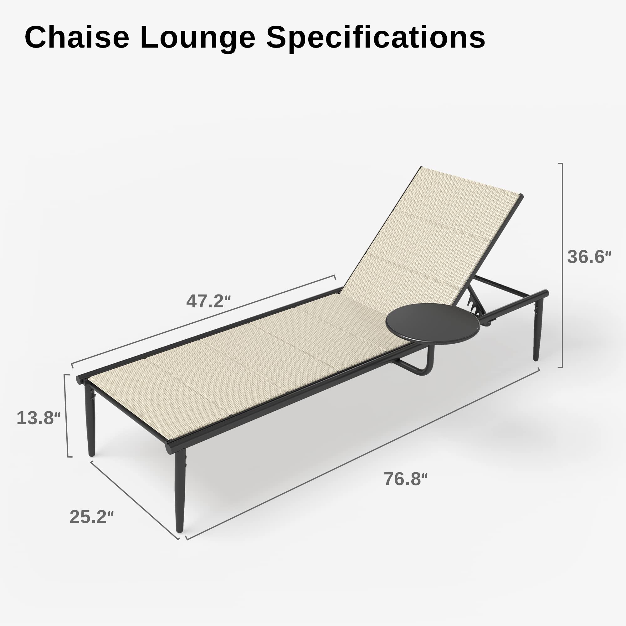 EAST OAK Textilene Outdoor Chaise Lounge, 2024 Aluminum Patio Lounge Chairs with Side Table, 5-Positions Adjustable Lounge Chaise for Outside, Recliner Chair for Pool, Beach, Backyard, Porch, Lawn