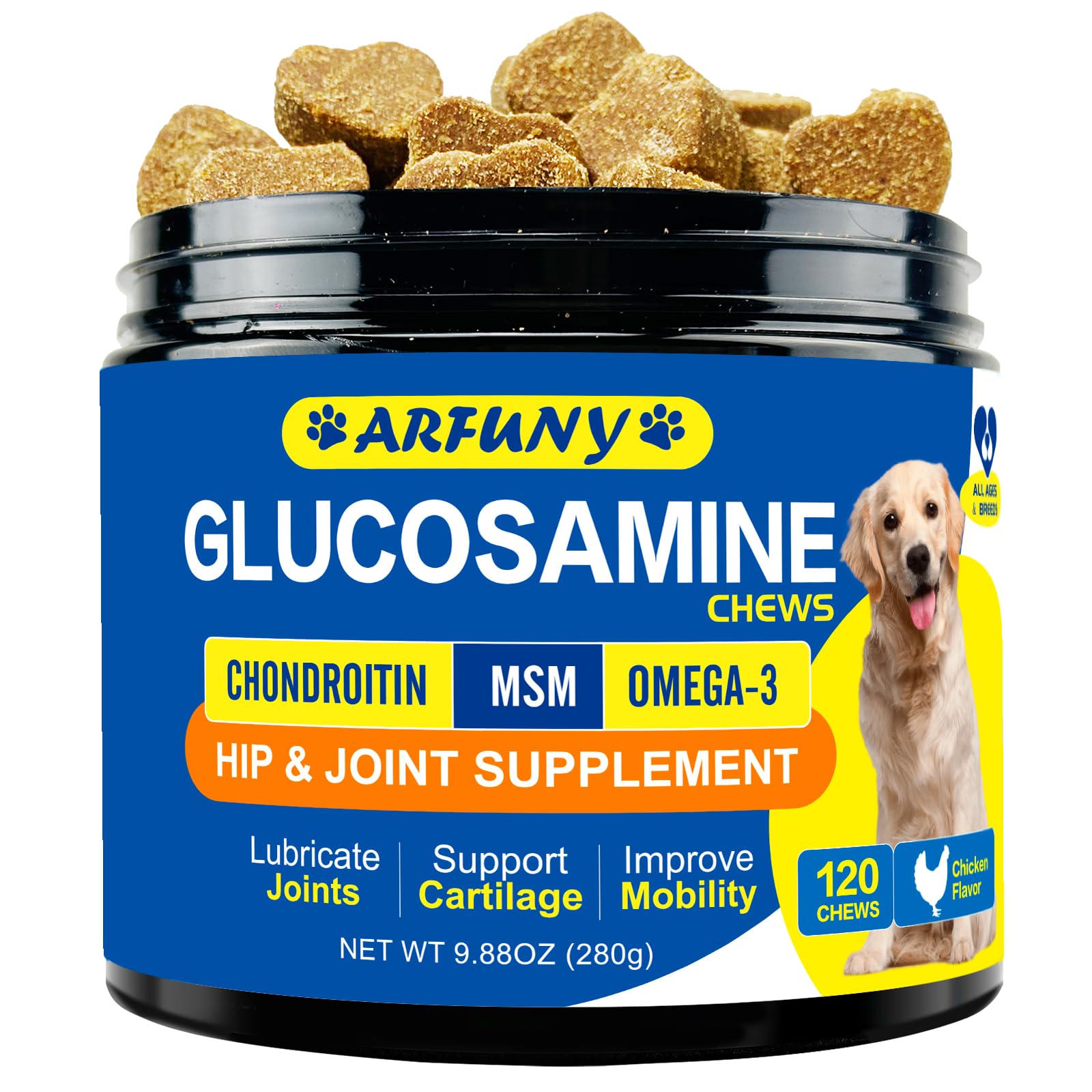 Joint Supplement For Dogs, Hip & Joint Health, Pain Relief, Mobility & Flexibility Support, Glucosamine, Chondroitin, MSM & Omega-3, Turmeric, Advanced Pet Vitamin (Chicken Flavor / 120 Chews)