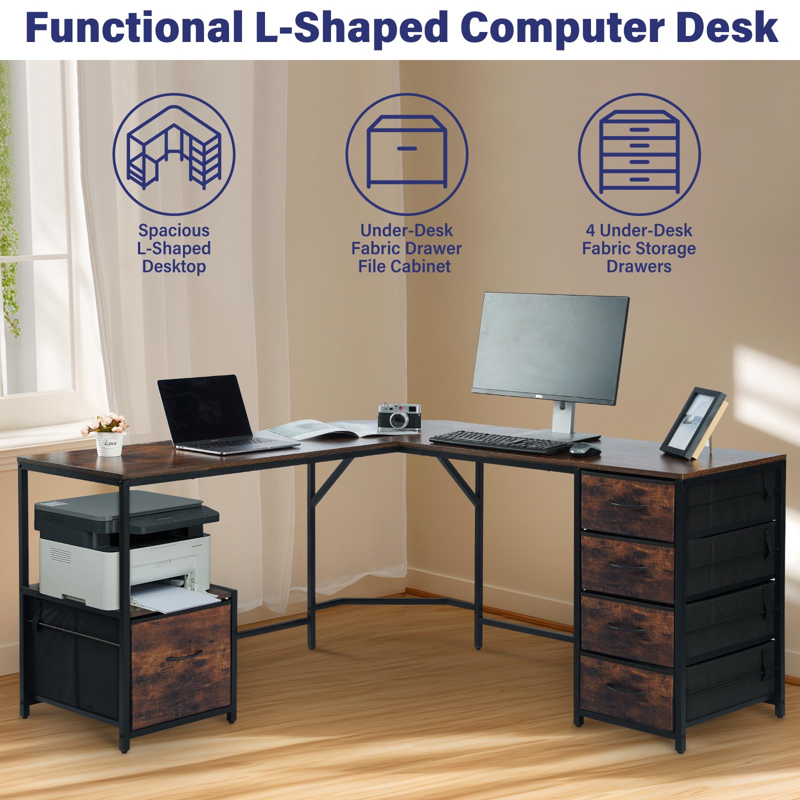 TOPSKY L-Shaped Desk Corner Computer Desk with 18.9" Depth Workstation, Cloth File Cabinet for Letter Size File Folder and 4 Cloth Storage Cabinets (Rustic Brown, 59 * 59 inch)