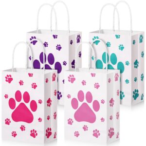 resurhang 24 pcs paw print gift bags with handle paper treat goodie dog gift bags dog birthday party favors for girl boy baby shower, 8.2 x 6 x 3 inches(light pink, rose pink, teal, purple)