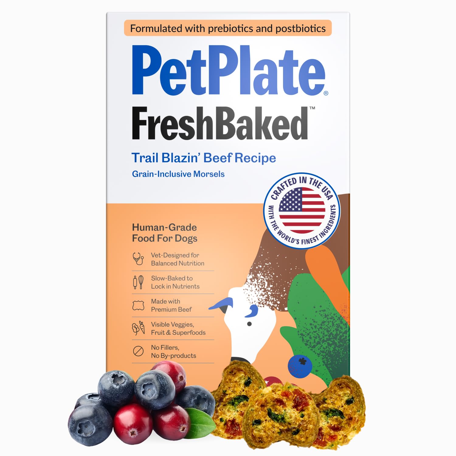 PetPlate FreshBaked Dry Dog Food Grain-Inclusive, Gently Baked and Air-Dried Human Grade Dog Food, Vet Designed and Formulated with Prebiotics and Postbiotics, No Fillers or by-Products, 2lbs (Beef)