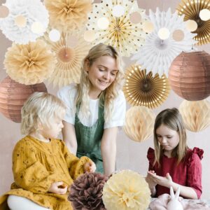 Brown Party Decorations Neutral Party Decorations Brown Paper Fans Beige White Boho Tissue Paper Pom Poms Paper Lanterns Circle Dots Garland for Rustic Birthday Wedding Bridal Shower Fall Party Decor