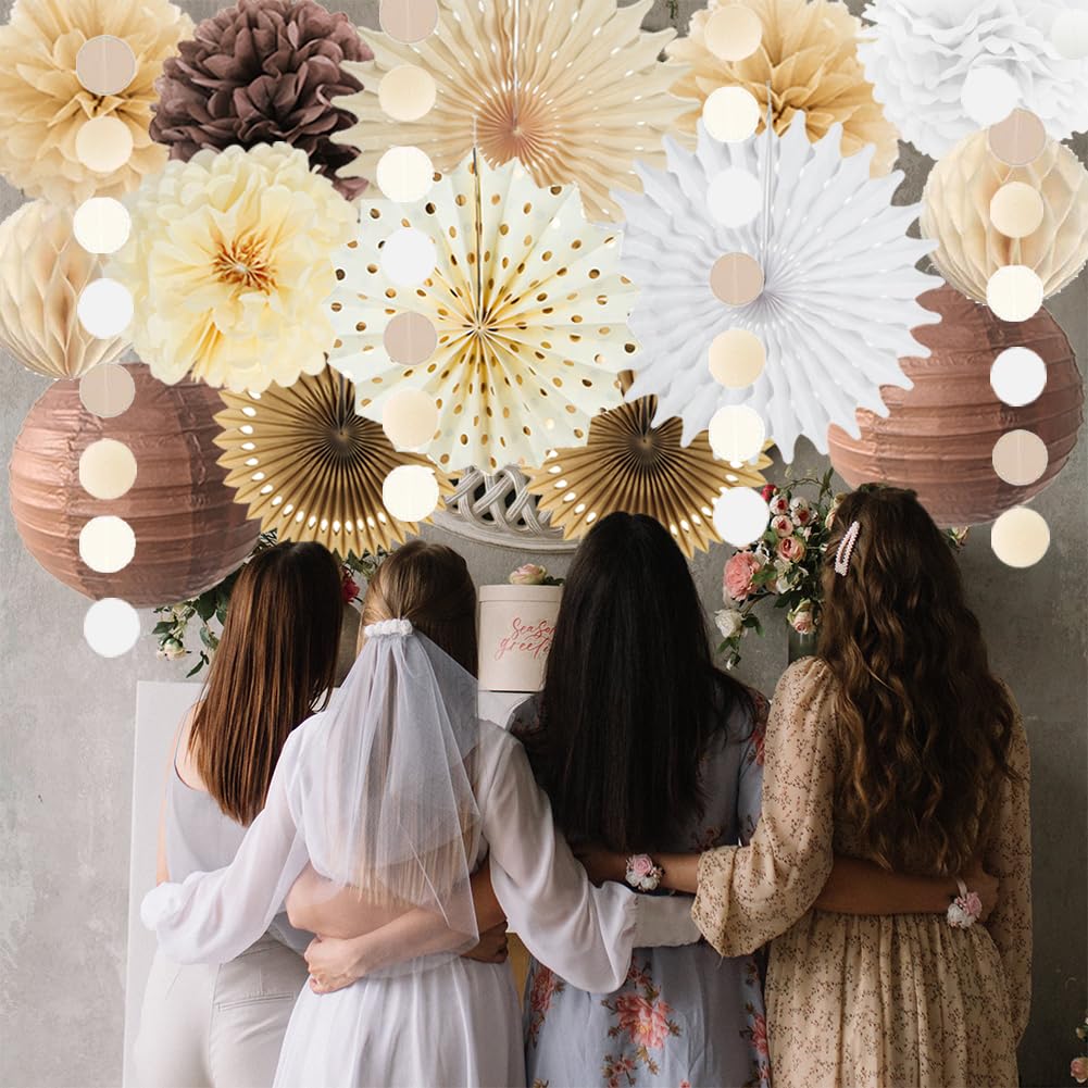 Brown Party Decorations Neutral Party Decorations Brown Paper Fans Beige White Boho Tissue Paper Pom Poms Paper Lanterns Circle Dots Garland for Rustic Birthday Wedding Bridal Shower Fall Party Decor