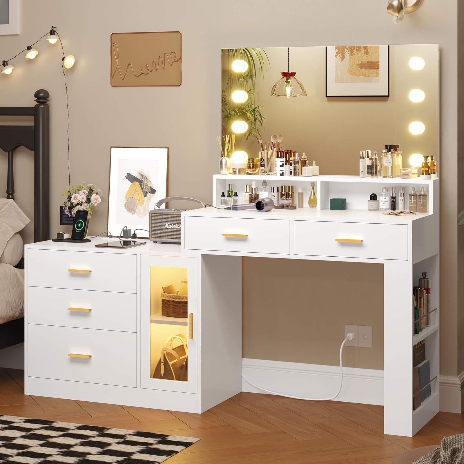 MSmask White Vanity Desk with Mirror and Lights, Makeup Vanity Table with Power Outlet, Large Makeup Desk with 5 Drawers, RGB Cabinets, Side Storage Shelf, 2 Installation Methods