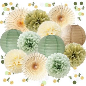 sage green party decorations sage gold cream tissue paper pom poms paper lanterns sage green confetti dots scatter table decoration for baby shower birthday wedding engagement party decorations