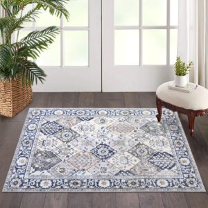 moroccan trellis area rug 2x3 washable vintage floral print rugs, boho non slip indoor carpet for entryway living room kitchen bedroom laundry room, beige blue