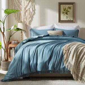 sunstyle home blue grey duvet cover queen size,3pcs washed microfiber bedding set,soft breathable tassel duvet cover set with zipper closure and corner ties for all seasons (no comforter)