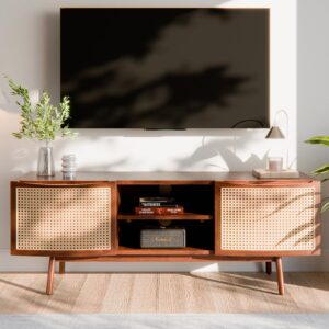 bme tv stand with elegant curved shape & inlaid rattan, nancy solid wood tv stand, craft to last entertainment center with smiley handle & adjustable shelf, mid century modern tv media console