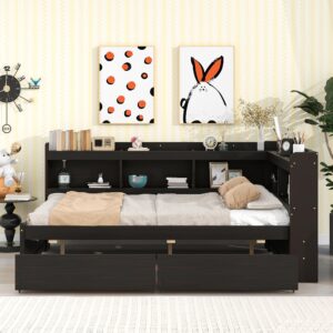 Full Size Platform Bed with L-Shaped Storage Shelfs and Bookcases, Pine Wood Day Bed with 2 Storage Drawers for Boys Girls Teens Adults/Living Room/Bedroom (Espresso)