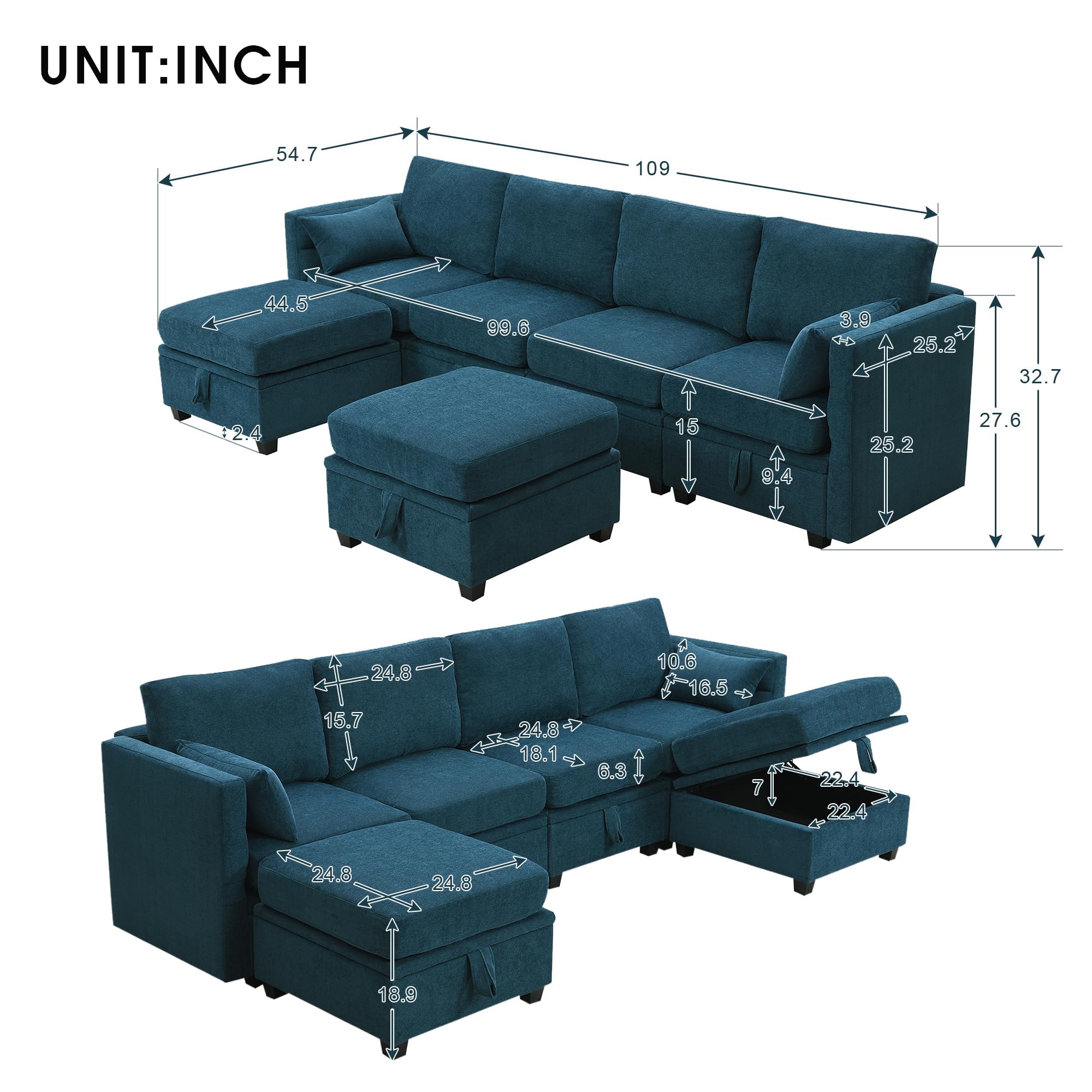 Merax Modular Sectional Sofa, U Shaped Couch w/Adjustable Armrests & Backrests and 6 Storage Seats, for Living Room, Apartment, Blue