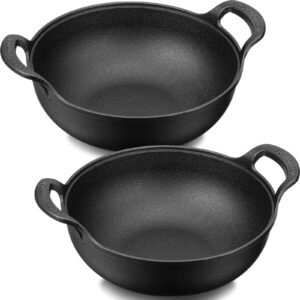 layhit 2 sets cast iron wok with loop handle 9.8 inch mini wok nonstick coated flat bottom wok stir fry pans pre seasoned no chemical grilling wok suitable for induction electric gas all stoves, black