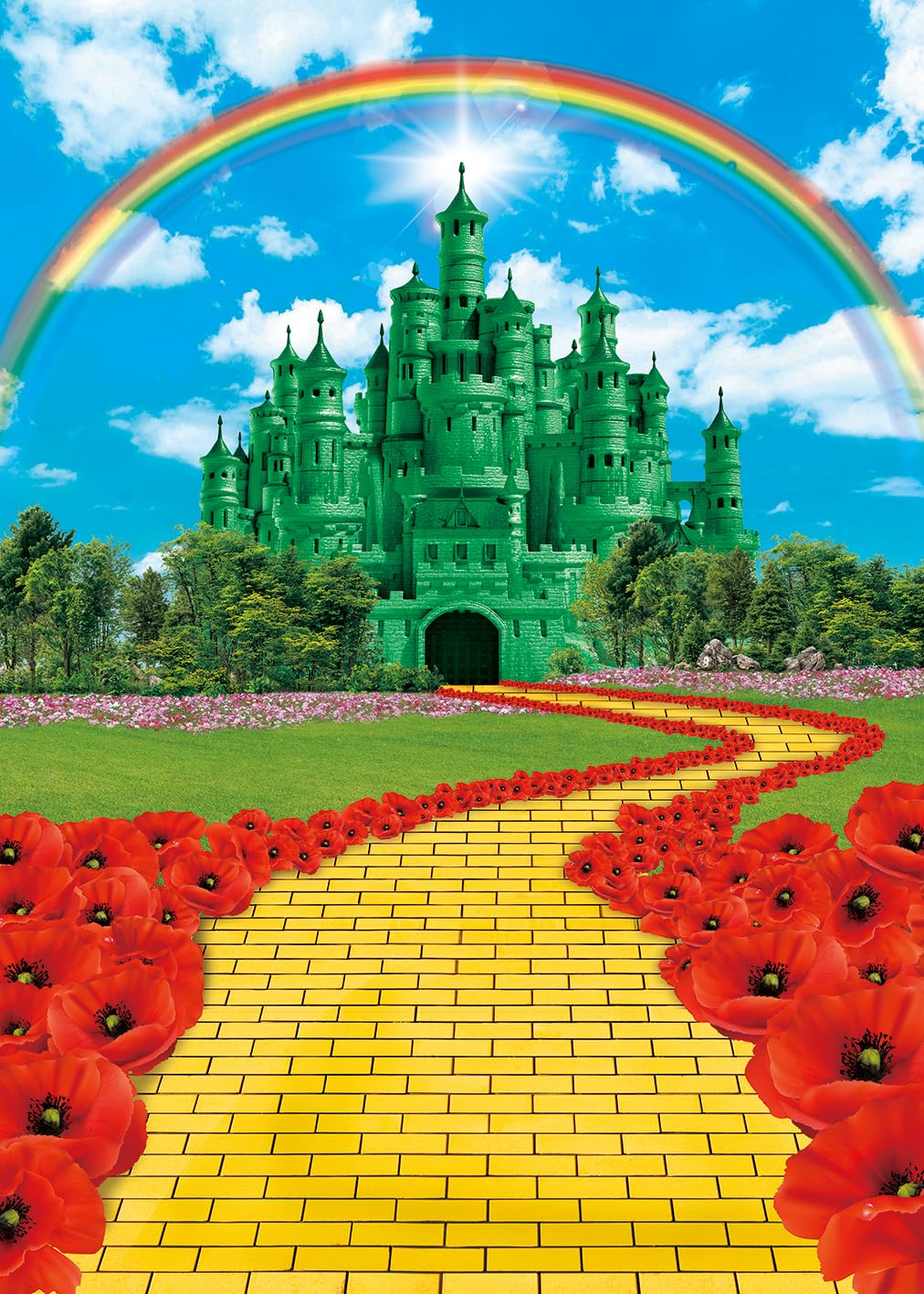 Green Castle Yellow Brick Road Backdrop for Party Decorations 5x7FT Rainbow Floral Castle Gold Brick Road Photography Background Baby Shower Princess Party Decorations Supplies