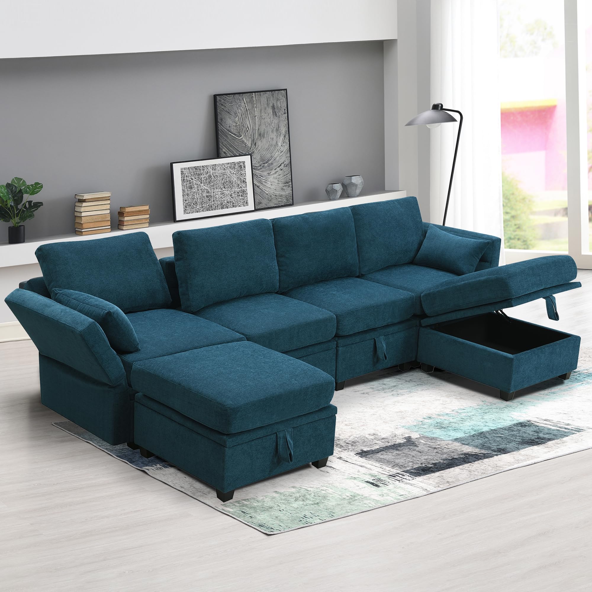 Merax Modular Sectional Sofa, U Shaped Couch w/Adjustable Armrests & Backrests and 6 Storage Seats, for Living Room, Apartment, Blue