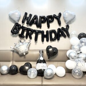 Black Birthday Party Decorations Happy Birthday Balloons Banner with Black and White Balloons Set For Women Men Boy Girls Champagne Birthday Decor