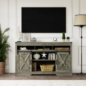 royalcraft farmhouse tv stand with sliding barn door for tvs up to 65+ inch, 34" tall entertainment center, wood media console storage cabinet for bedroom, living room, light grey