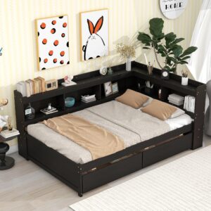 Full Size Platform Bed with L-Shaped Storage Shelfs and Bookcases, Pine Wood Day Bed with 2 Storage Drawers for Boys Girls Teens Adults/Living Room/Bedroom (Espresso)