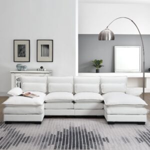 merax modern u shaped sectional sofa, symmetrical sleeper couch w/waist pillows & 2 chaise lounge, for living room, apartment, white