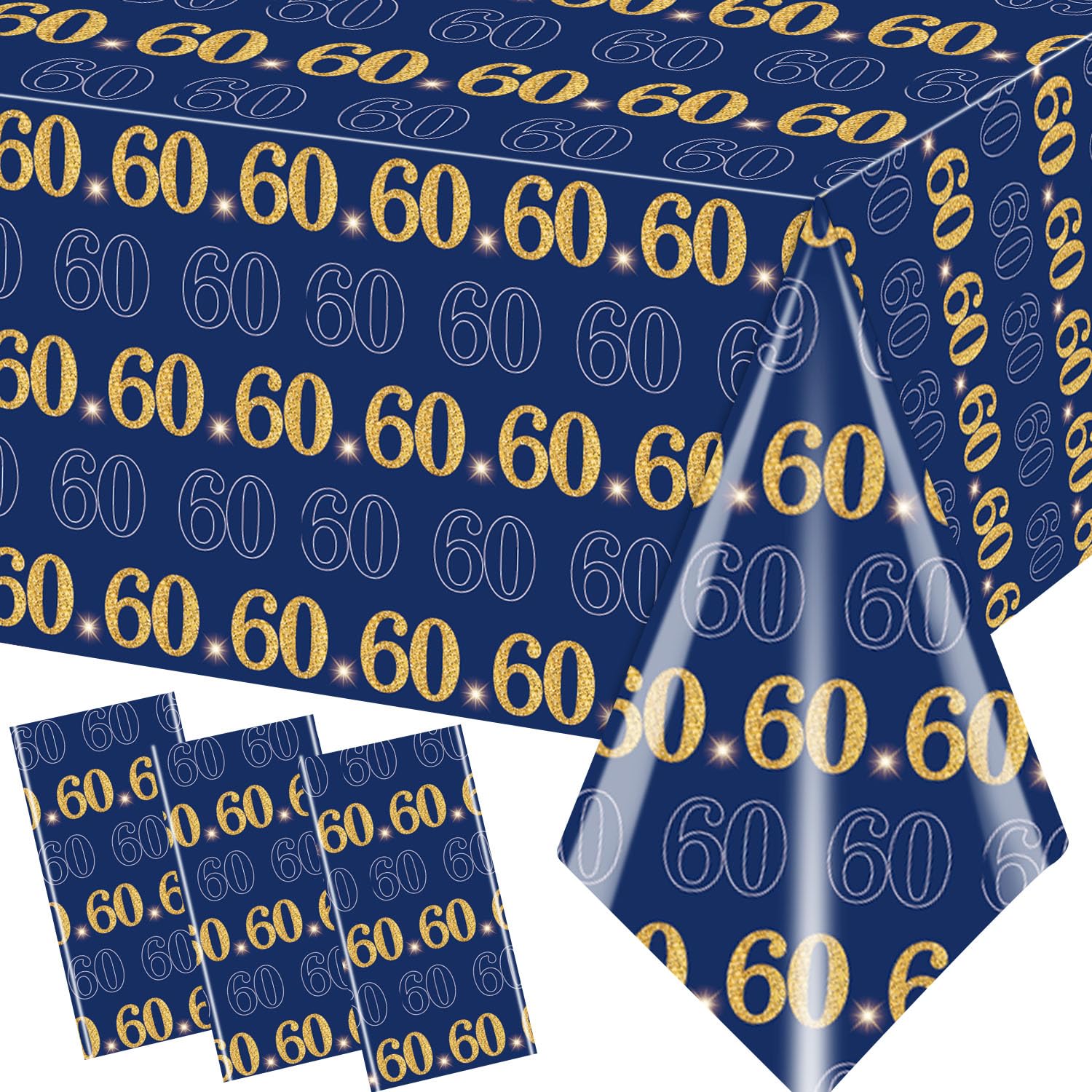 Lenyunge 60th Birthday Tablecloth Decoration,3pcs Gold and Blue Birthday Table Covers Plastic Waterproof Happy Birthday Party Supplies for Men Women 60th Birthday Party Supplies