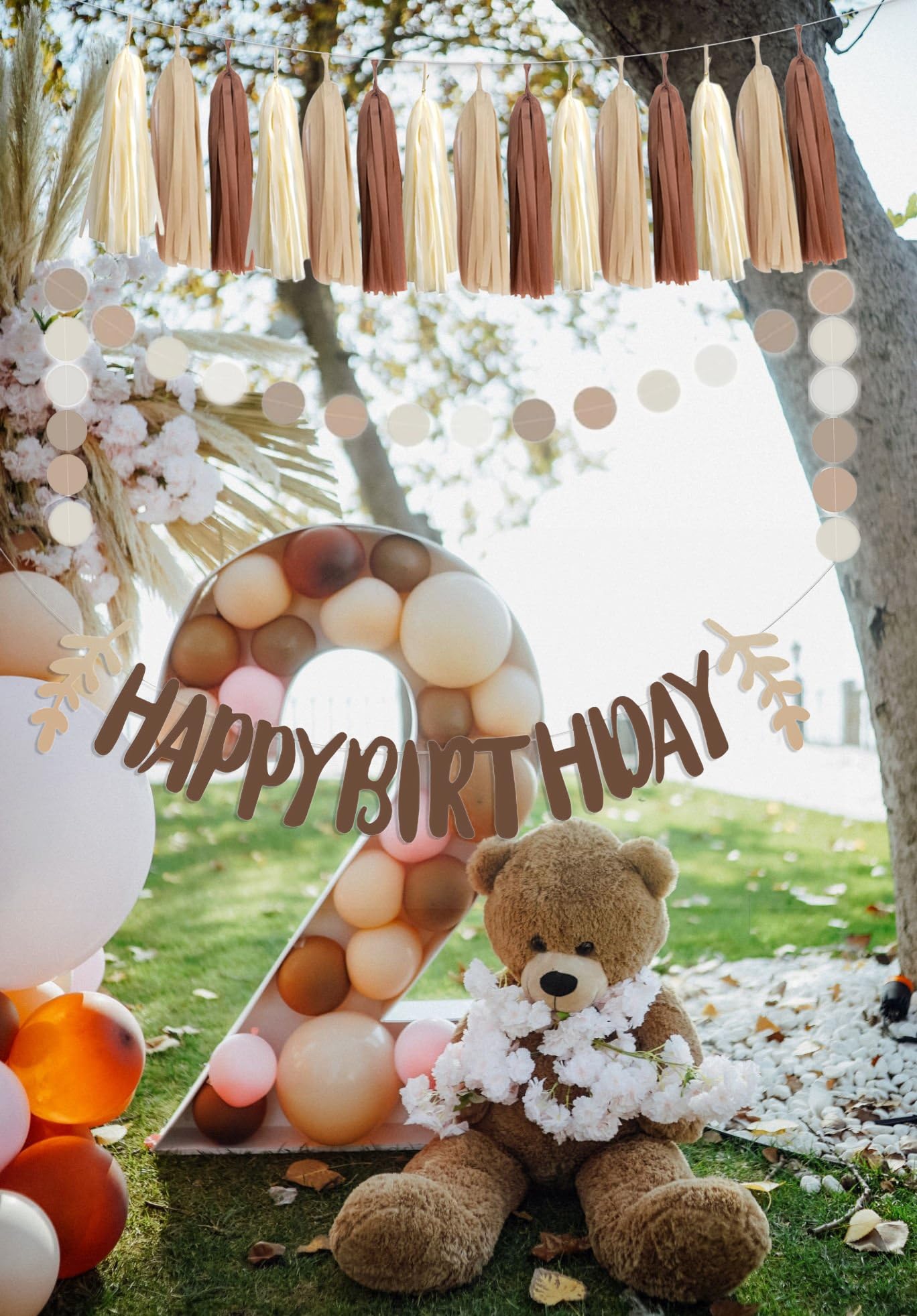 Brown Tan Boho Happy Bithday Sign Banner Gender Neutral Beige Party Tassel Garland Nude Circle Dot Hanging Paper Streamers Backdrop Teddy Bear 1st 2nd Birthday Party Nursery Décor