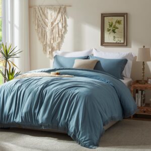 SunStyle Home Blue Grey Duvet Cover Queen Size,3pcs Washed Microfiber Bedding Set,Soft Breathable Tassel Duvet Cover Set with Zipper Closure and Corner Ties for All Seasons (No Comforter)