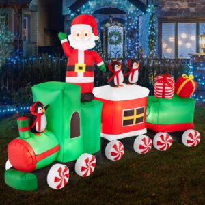 best choice products 8.5 x 5ft lighted inflatable christmas train & animated santa, large outdoor holiday decor w/led lights, penguins, candy cane wheels, gifts