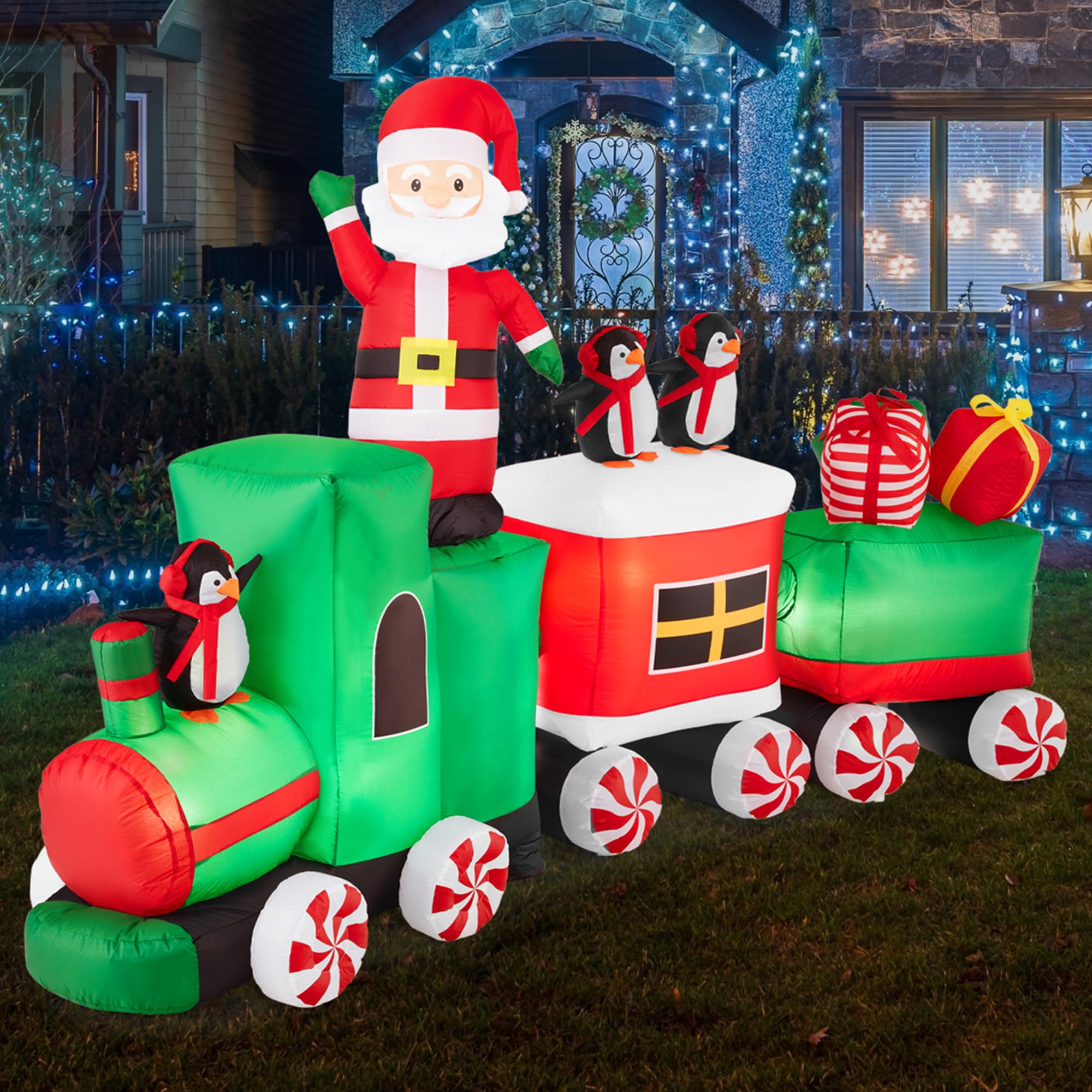 Best Choice Products 8.5 x 5ft Lighted Inflatable Christmas Train & Animated Santa, Large Outdoor Holiday Decor w/LED Lights, Penguins, Candy Cane Wheels, Gifts