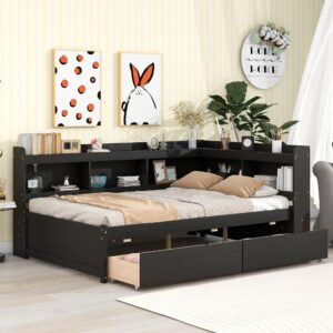 full size platform bed with l-shaped storage shelfs and bookcases, pine wood day bed with 2 storage drawers for boys girls teens adults/living room/bedroom (espresso)